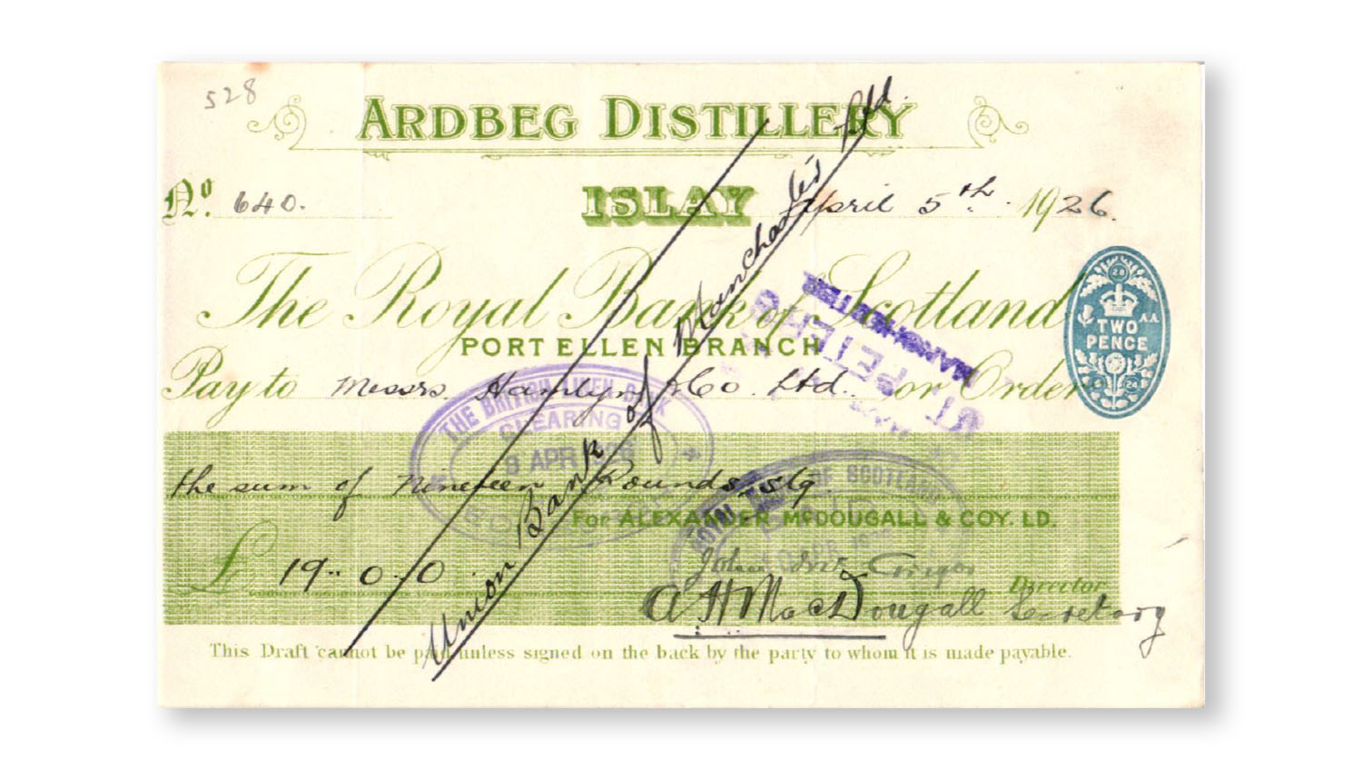 Ardbeg Distillery Cheque 5th April 1926 - Ardbeg Distillery Historical ...