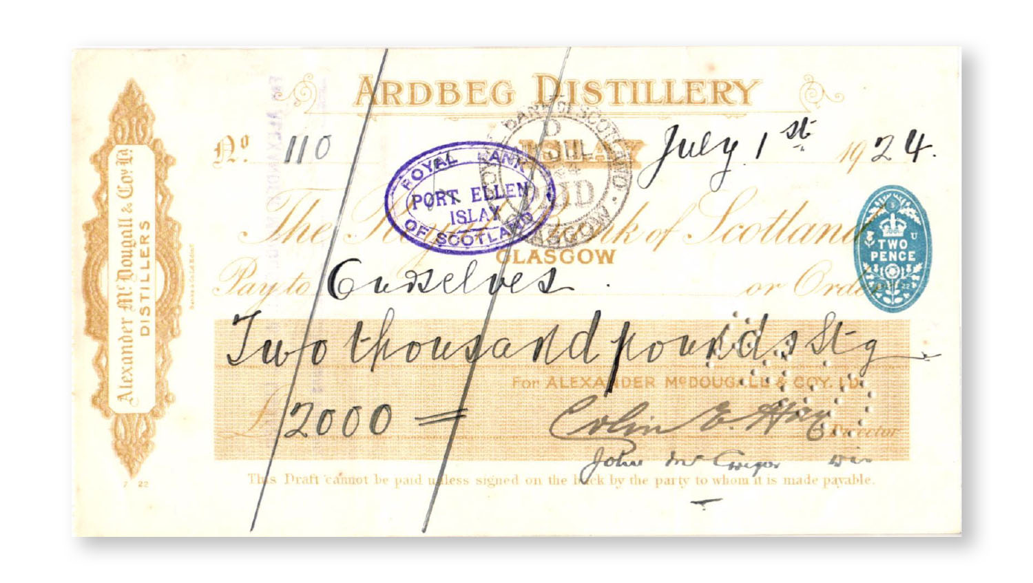 Ardbeg Distillery Cheque 1st July 1924 - Ardbeg Distillery Historical ...