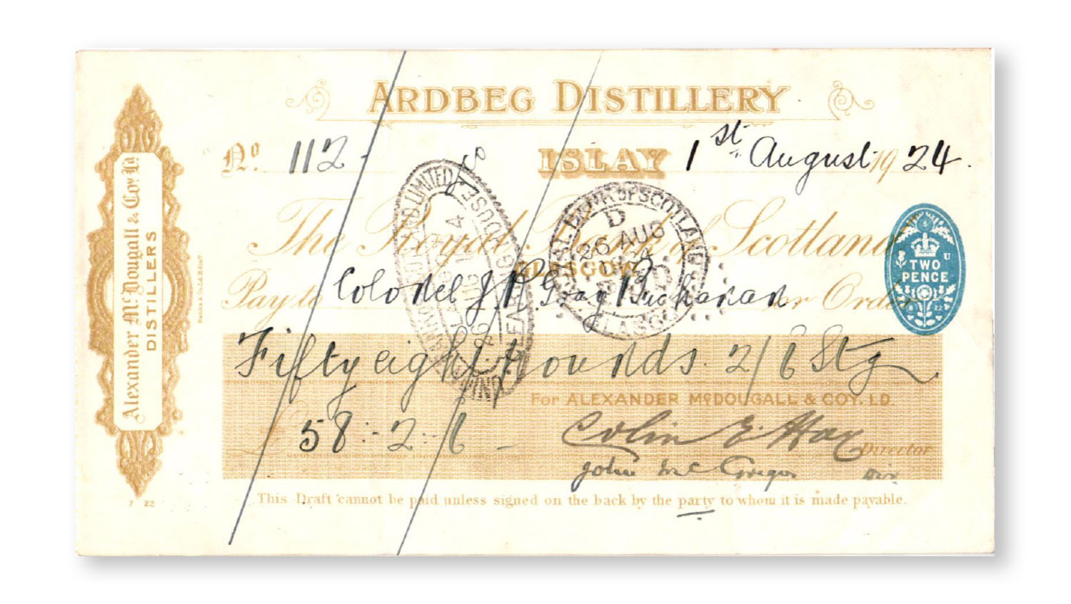 Ardbeg Distillery Cheque 1st August 1924 - Ardbeg Distillery Historical ...